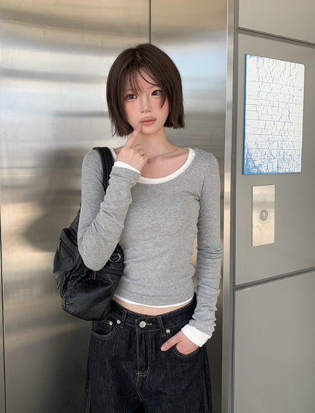 Anyone more (エニワンモア) -チェリンディープUネックツーウェイレイヤードTシャツ / Chaerin Deep U-Neck Two-Way Layered T-Shirt ...