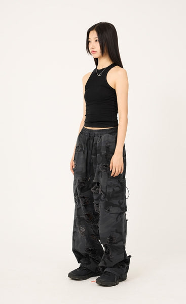 Raucohouse(ラウコハウス) - カモディストレスドカーゴストリングバンディングパンツ / Camo distressed cargo string banding pants ...